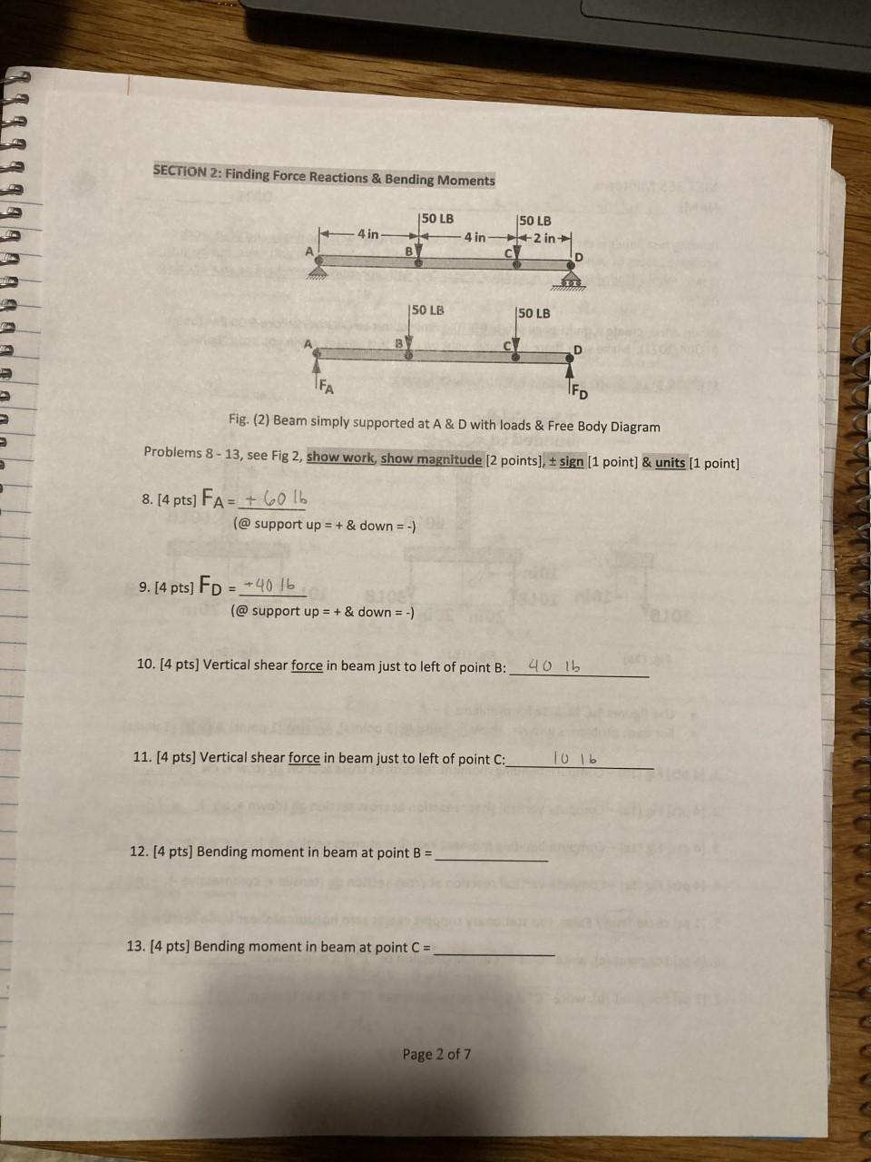 Solved SECTION 2: Finding Force Reactions \& Bending Moments | Chegg.com