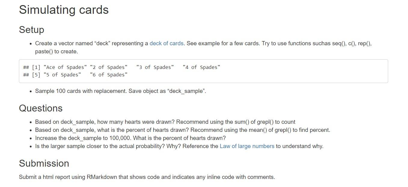 Solved Simulating cards Setup - Create a vector named "deck" | Chegg.com