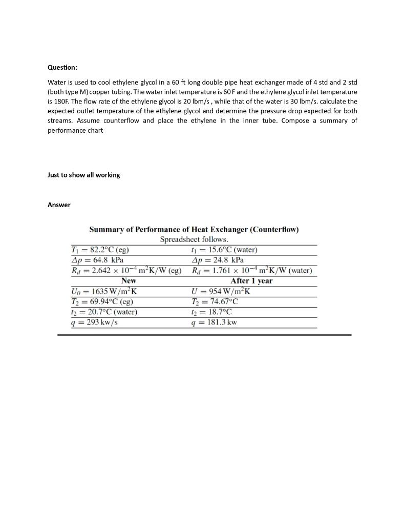 Question: Water is used to cool ethylene glycol in a | Chegg.com