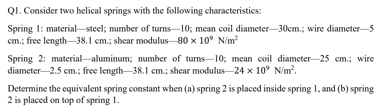 Solved Q1. Consider two helical springs with the following | Chegg.com
