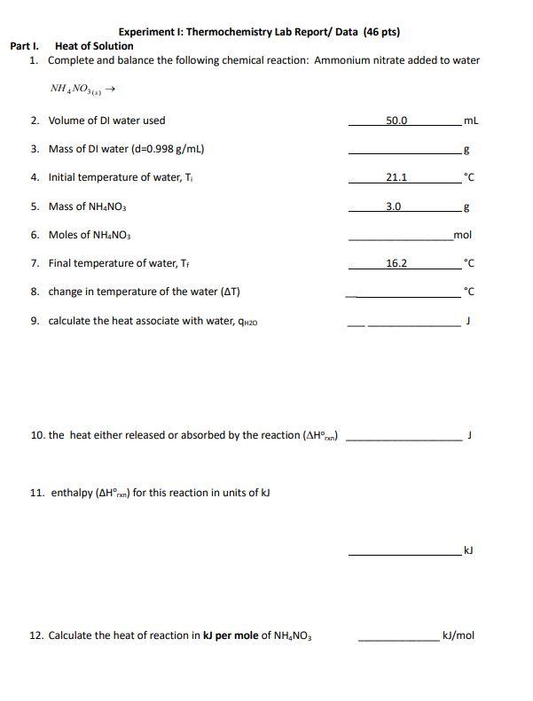 Solved Experiment I: Thermochemistry Lab Report/ Data (46 | Chegg.com