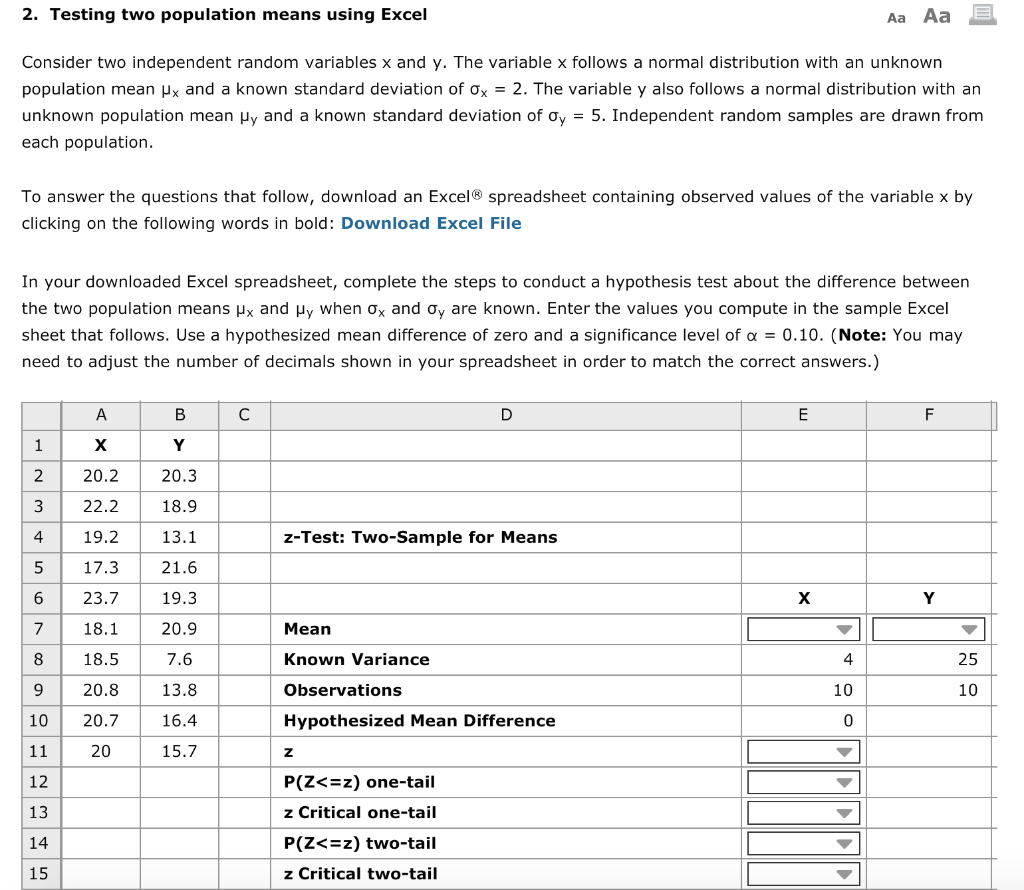 Solved 2. Testing two population means using Excel Aa Aa | Chegg.com