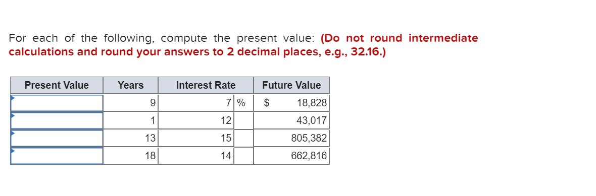Solved For each of the following, compute the present value: | Chegg.com