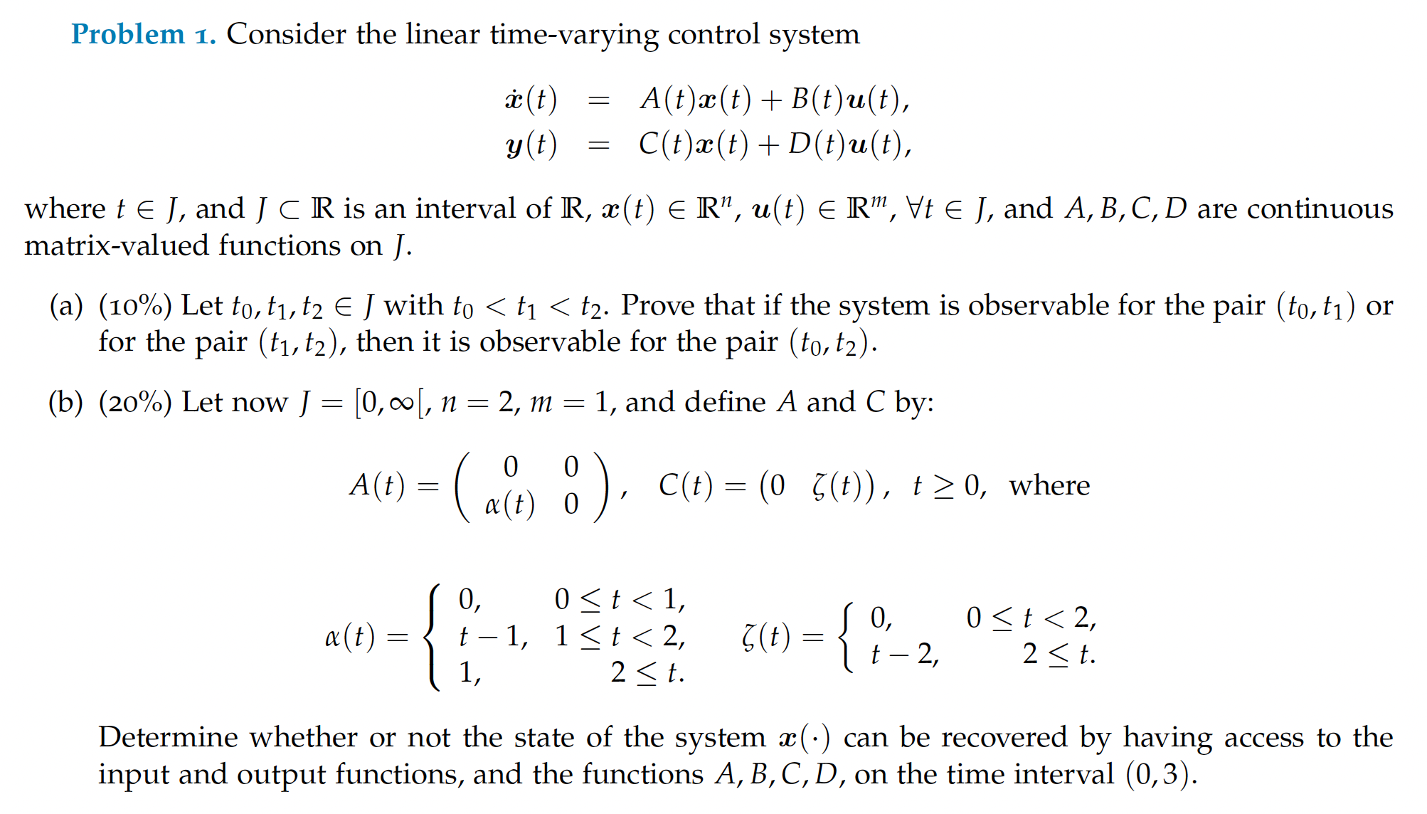 Solved Problem 1 Consider The Linear Time Varying Control