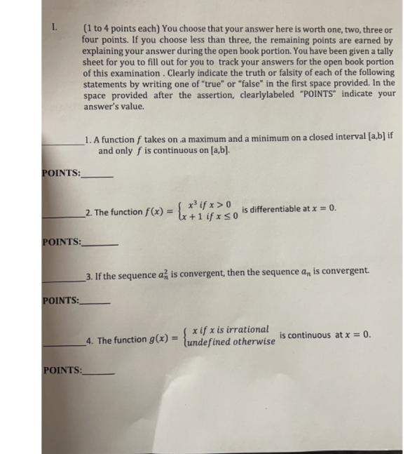 Solved I. (1 to 4 points each) You choose that your answer | Chegg.com