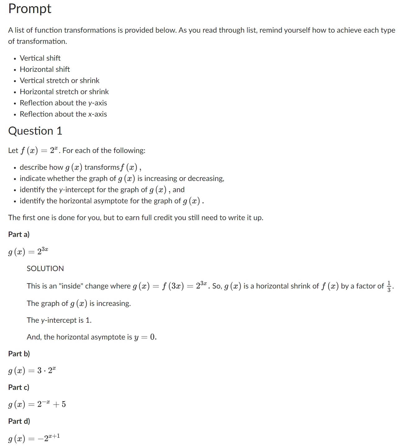 Solved A list of function transformations is provided below. | Chegg.com