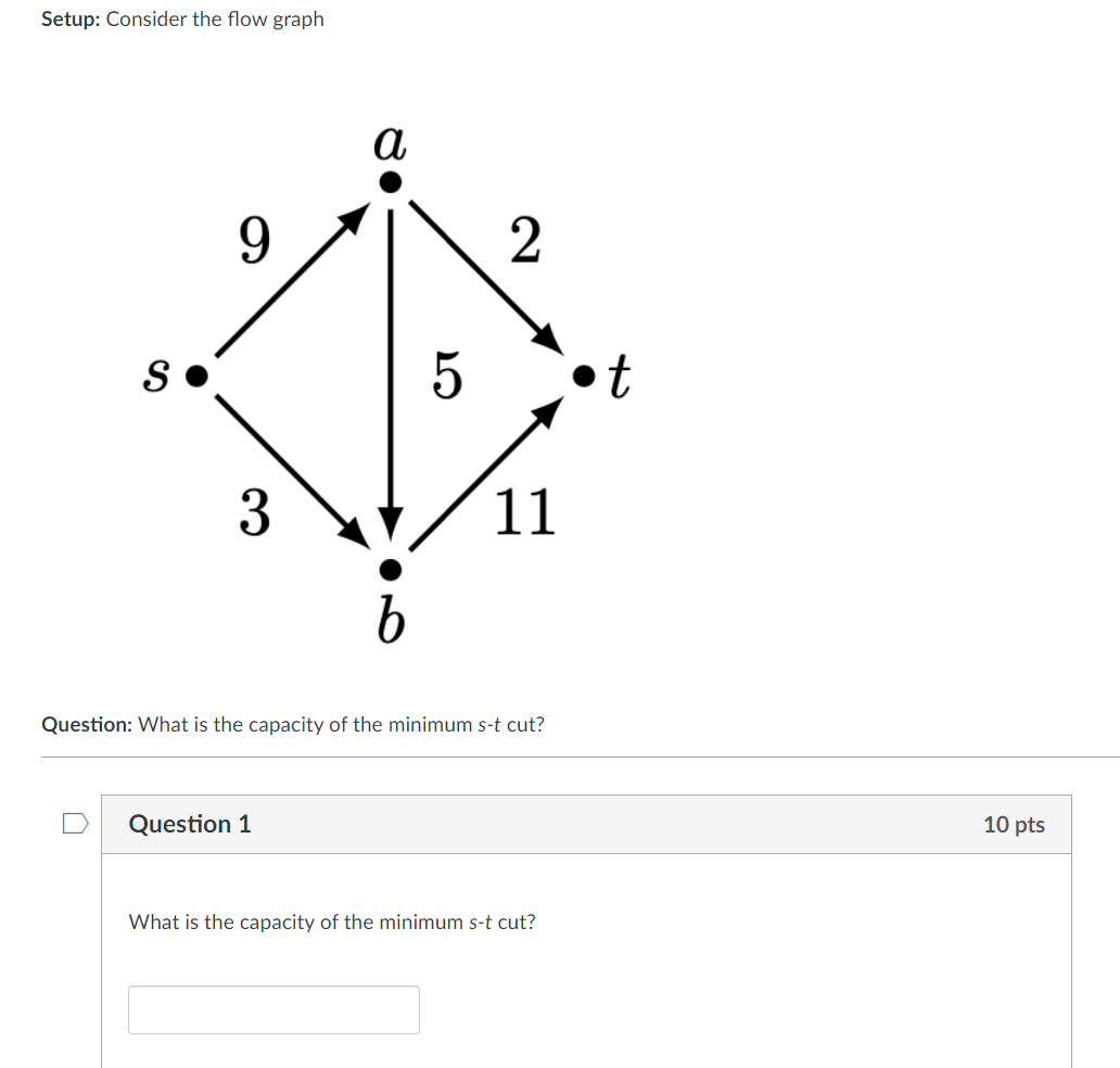 Solved Setup: Consider the flow graph a 9 2 S 5 t 3 11 b. | Chegg.com