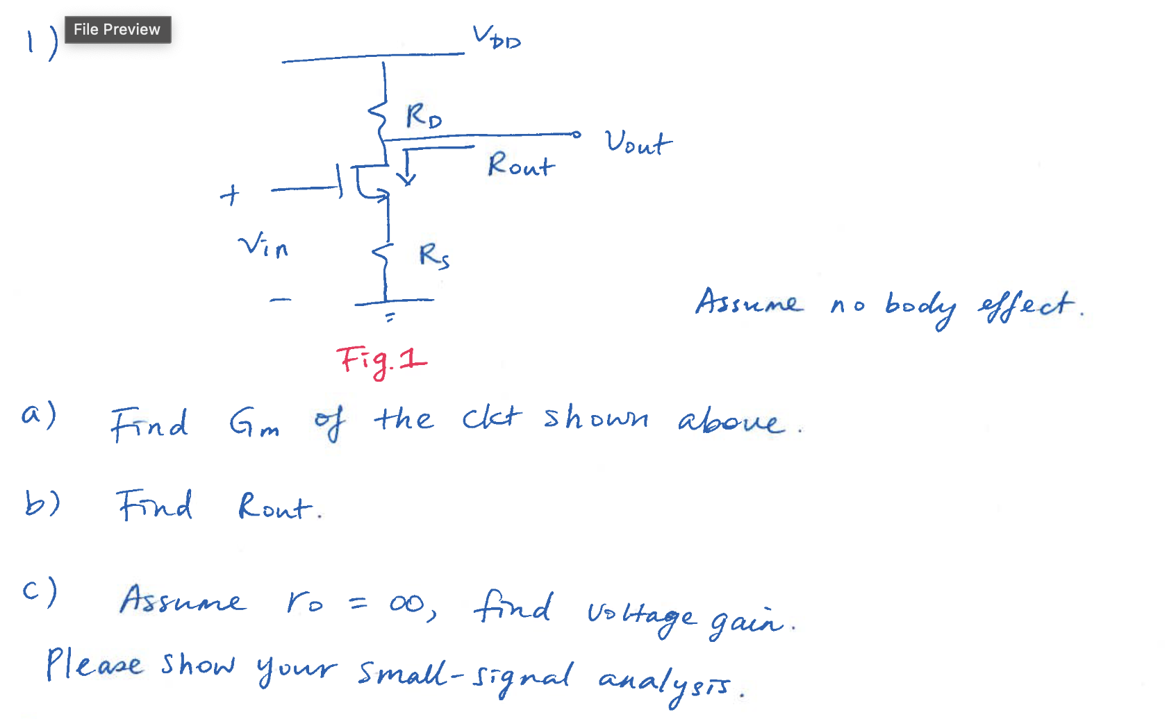 sume no body effect.Fig. 1a) ﻿Find Gm ﻿of the ckt | Chegg.com
