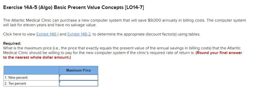 Solved Exercise 14A-5 (Algo) Basic Present Value Concepts | Chegg.com
