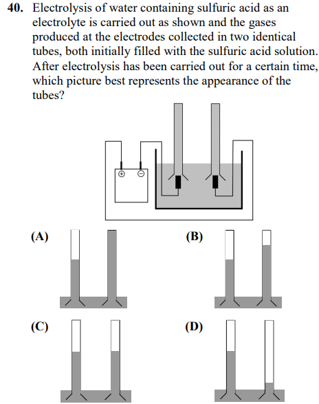 Solved 40. Electrolysis of water containing sulfuric acid as | Chegg.com