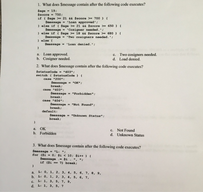 Solved 1. What does Smessage contain after the following | Chegg.com
