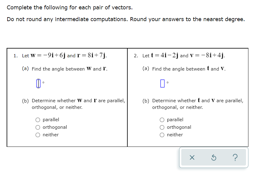 Solved Complete the following for each pair of vectors. Do | Chegg.com