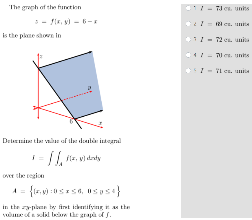 Solved 1. I = 73 cu. units The graph of the function z = | Chegg.com