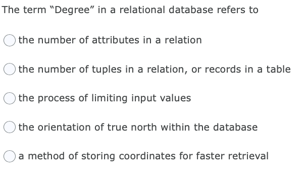 Solved The term "Degree" in a relational database refers to | Chegg.com