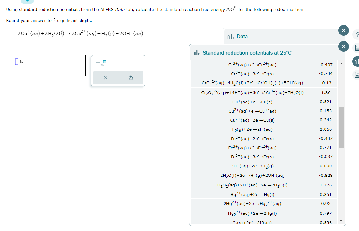 Solved Using Standard Reduction Potentials From The Aleks