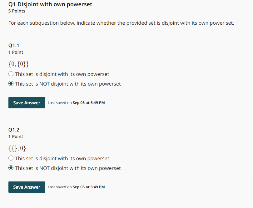 Solved Q1 Disjoint with own powerset 5 Points For each | Chegg.com