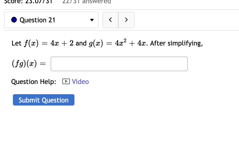Solved Let f(x)=4x+2 and g(x)=4x2+4x (fg)(x)= | Chegg.com