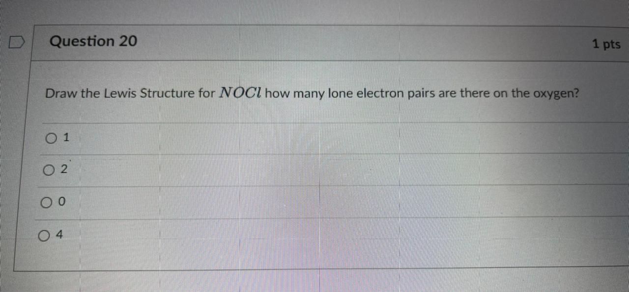 Solved Question 20 1 pts Draw the Lewis Structure for NOCI | Chegg.com