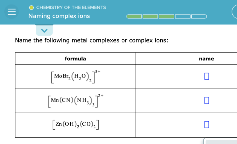 Solved CHEMISTRY OF THE ELEMENTS Naming complex ions Name | Chegg.com