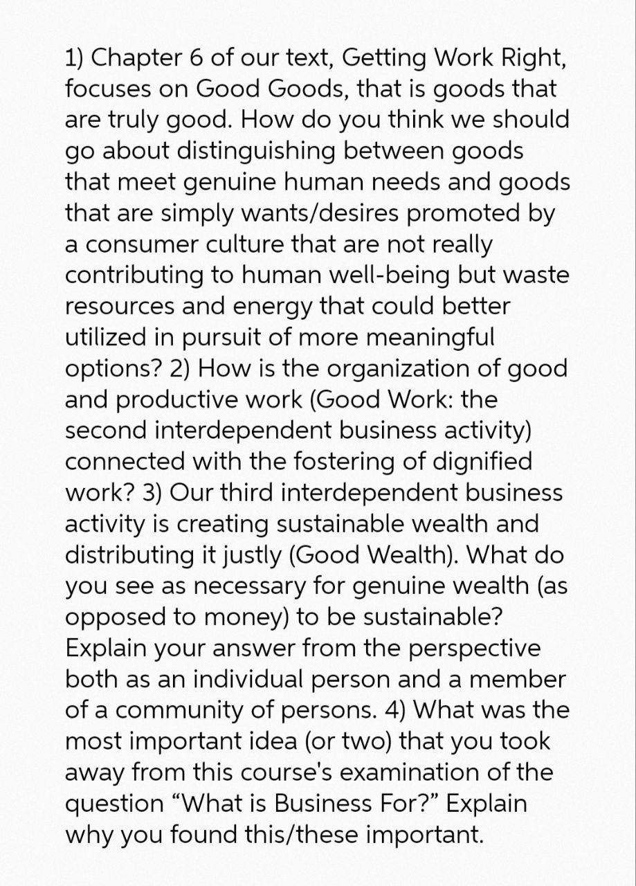 Solved 1) Chapter 6 of our text, Getting Work Right, focuses | Chegg.com