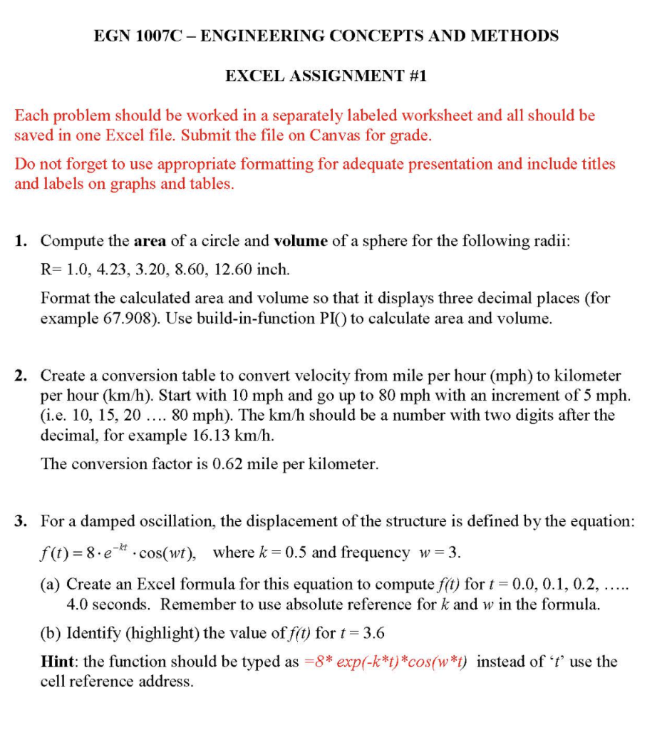Solved EGN 1007C - ENGINEERING CONCEPTS AND METHODS EXCEL | Chegg.com