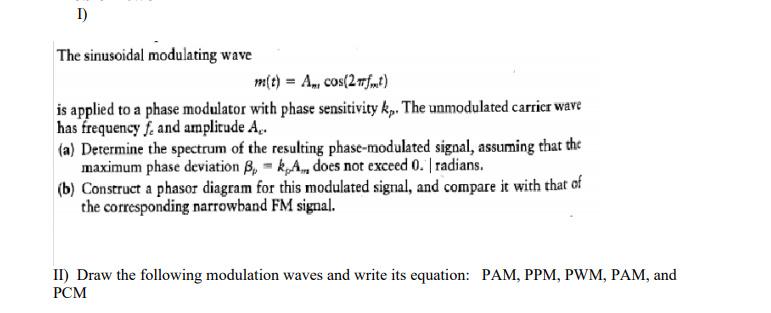 Solved I) ) The sinusoidal modulating wave m(t) = Am, cos(2 | Chegg.com