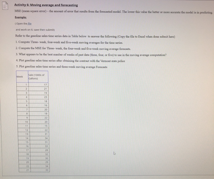 Solved Activity 6: Moving average and forecasting MSE (mean | Chegg.com