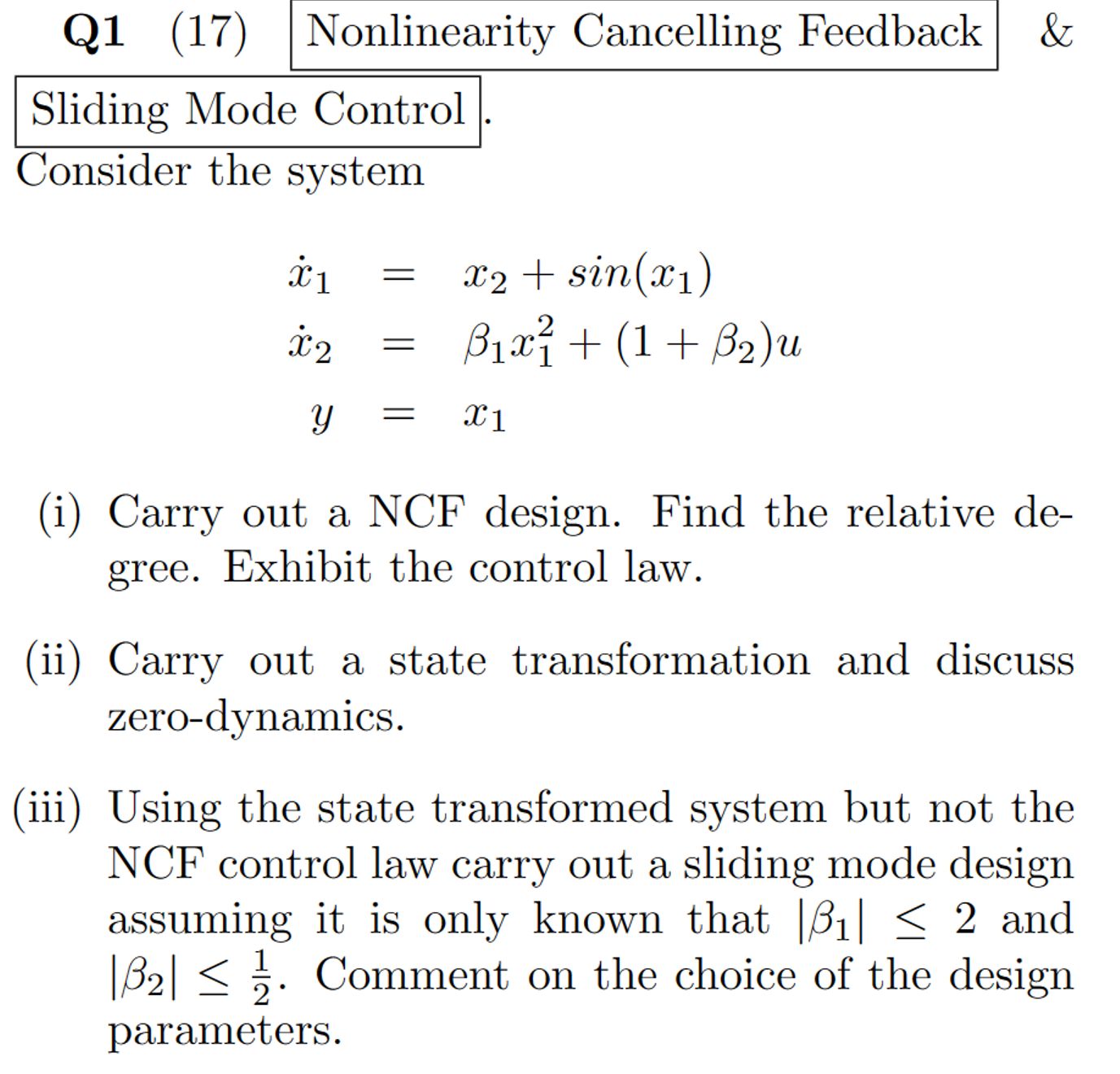 Solved Nonlinearity Cancelling Feedback Ncf And Sliding Mode