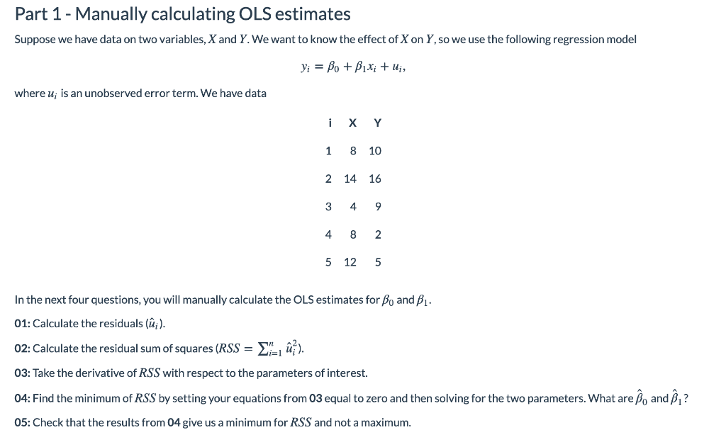 Solved Part 1 - Manually calculating OLS estimates Suppose | Chegg.com