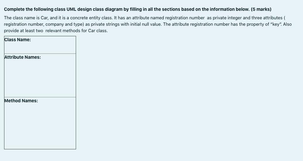Solved Complete the following class UML design class diagram | Chegg.com
