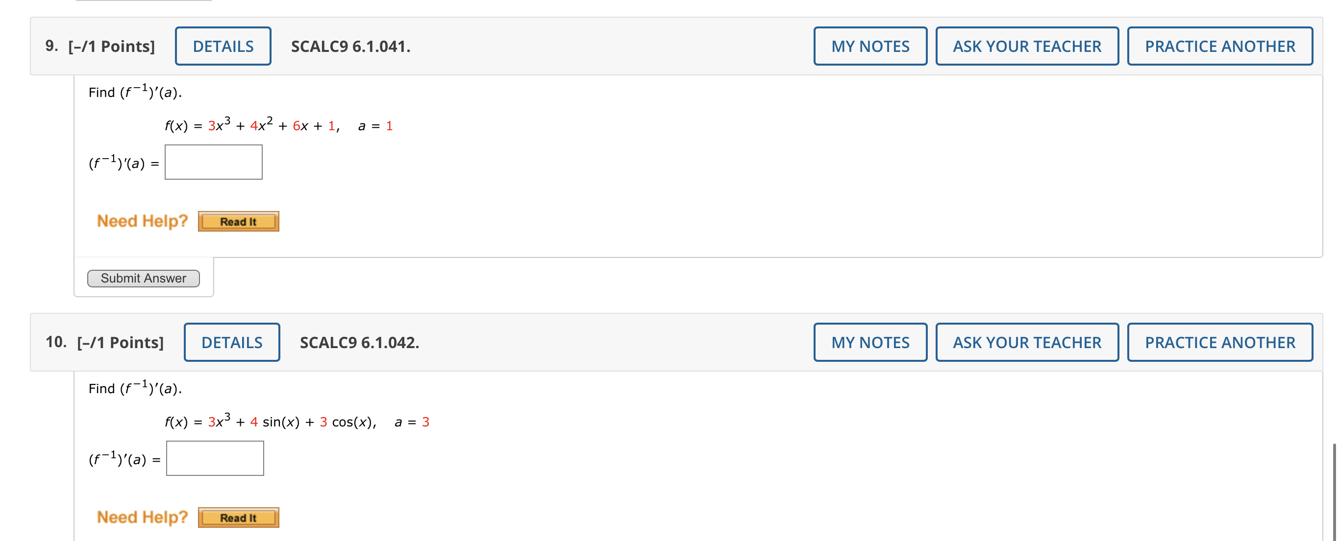 Solved /1 Points] SCALC9 6.1.041. Find (f−1)′(a) | Chegg.com
