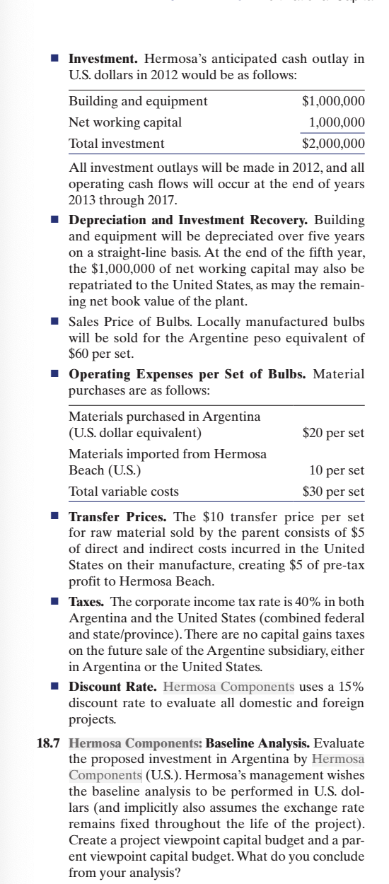 Investment. Hermosa's anticipated cash outlay in U.S. | Chegg.com