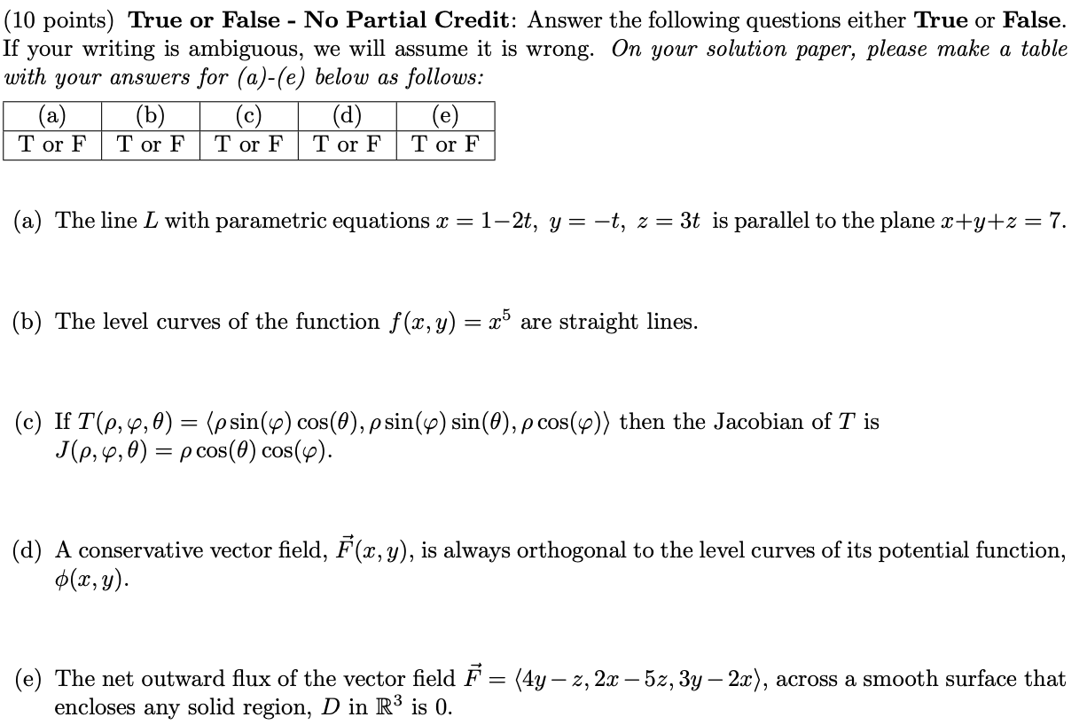 Solved (10 points) True or False - No Partial Credit: Answer | Chegg.com
