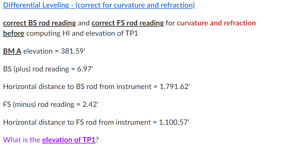Solved Differential Leveling_(correct for curvature and | Chegg.com