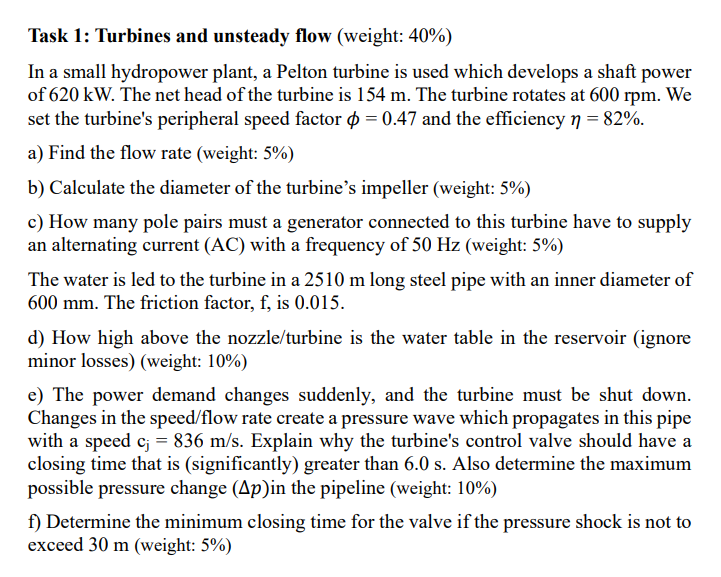 Solved Task 1: Turbines and unsteady flow (weight: 40% ) In | Chegg.com