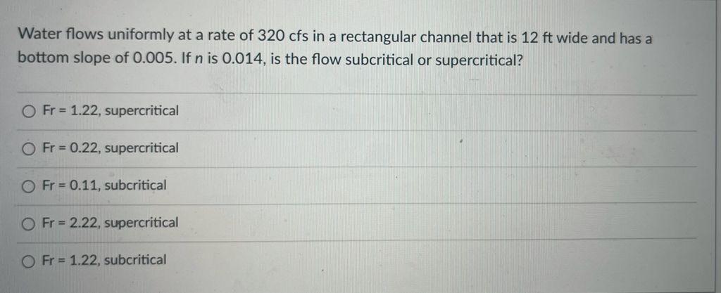 Solved Water flows uniformly at a rate of 320 cfs in a | Chegg.com