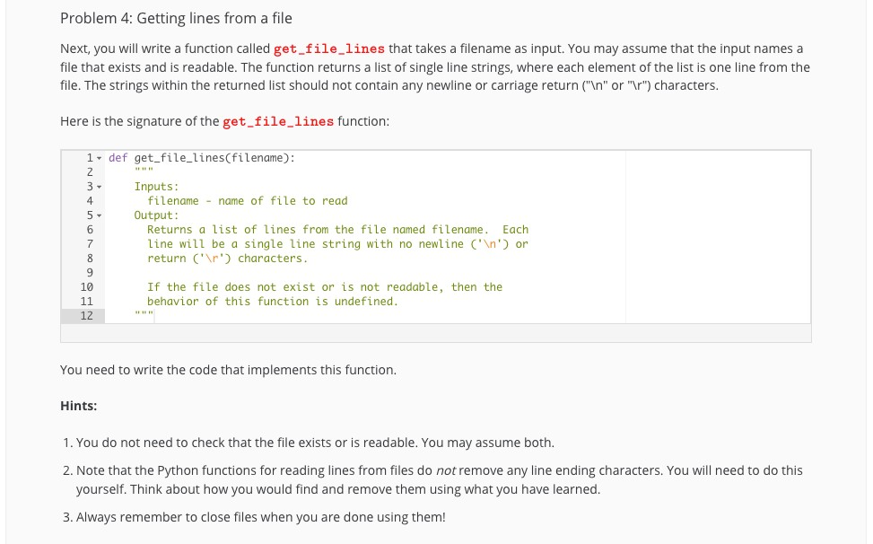 Solved Problem 4: Getting lines from a file Next, you will | Chegg.com