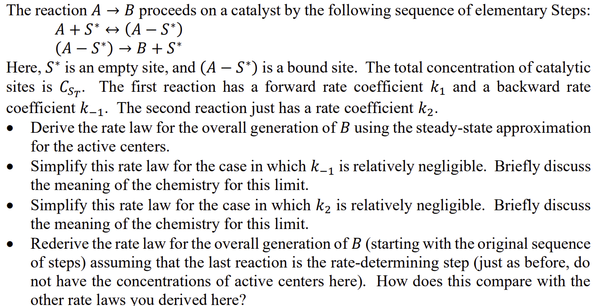 Solved The reaction A→B proceeds on a catalyst by the | Chegg.com