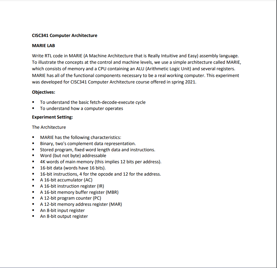 Solved CISC341 Computer Architecture MARIE LAB Write RTL | Chegg.com