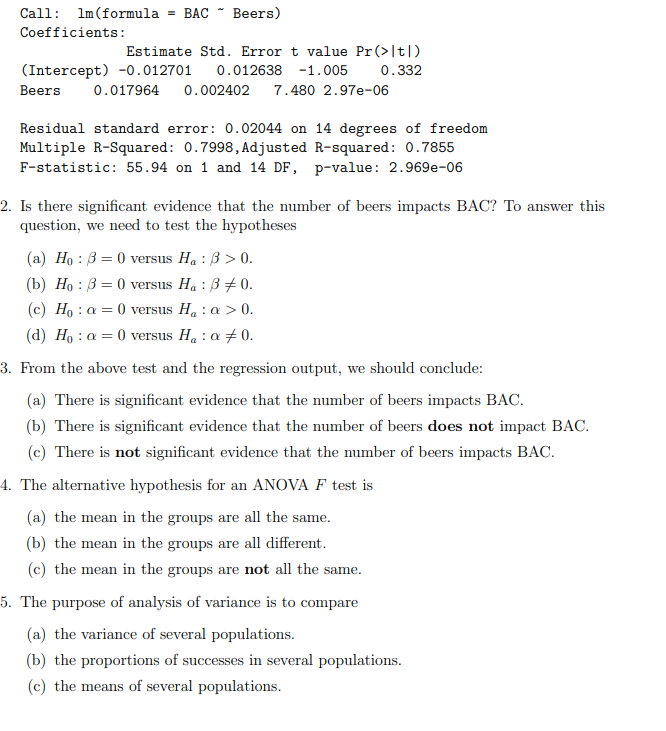 Solved Call: lm(formula = BAC - Beers) Coefficients: | Chegg.com