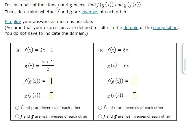 Solved For each pair of functions f and g below, find | Chegg.com