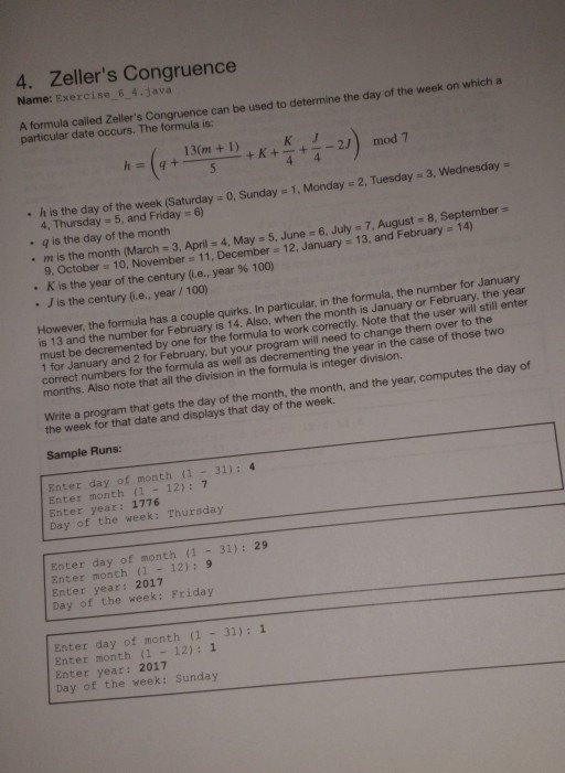 Solved 4. Zeller's Congruence Name: Exercise 6 4.java A | Chegg.com