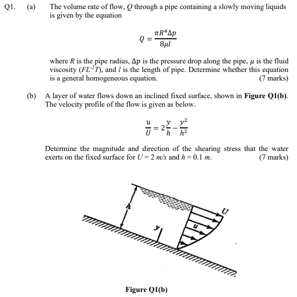 Solved Q1. (a) The volume rate of flow, Q through a pipe | Chegg.com