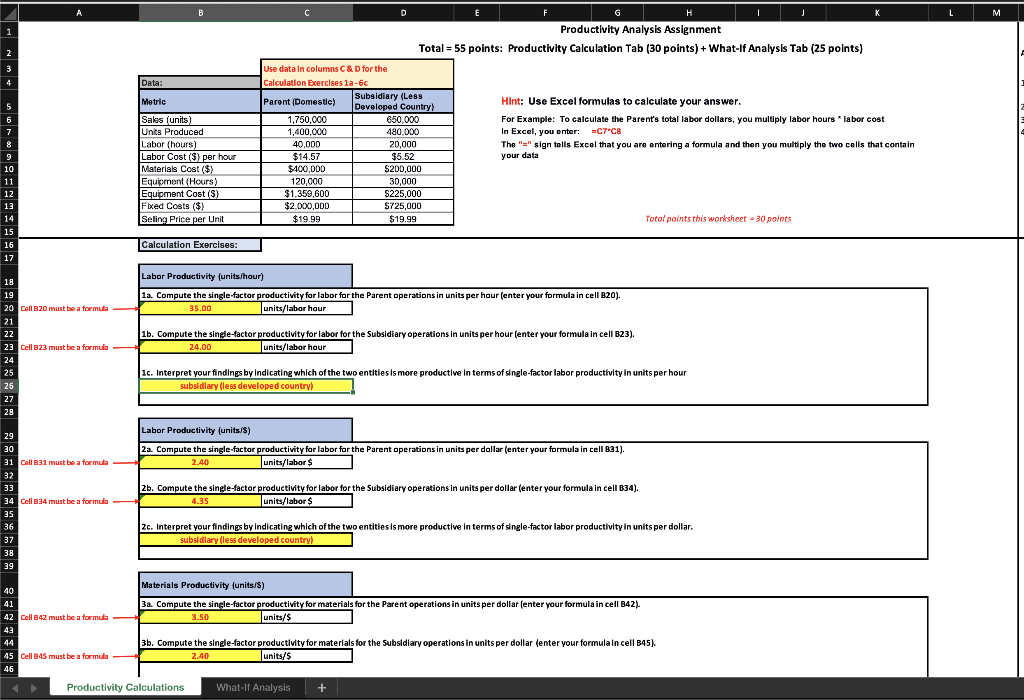 Total =55 points: Productivity Calculation Tab ( 30 | Chegg.com