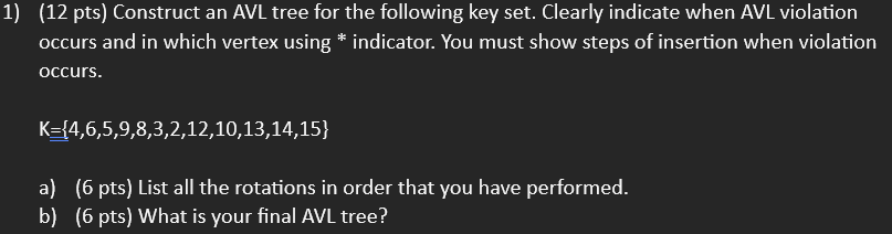 Solved (12 pts) Construct an AVL tree for the following key | Chegg.com