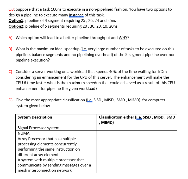 Solved Q3: Suppose that a task 100 ns to execute in a | Chegg.com