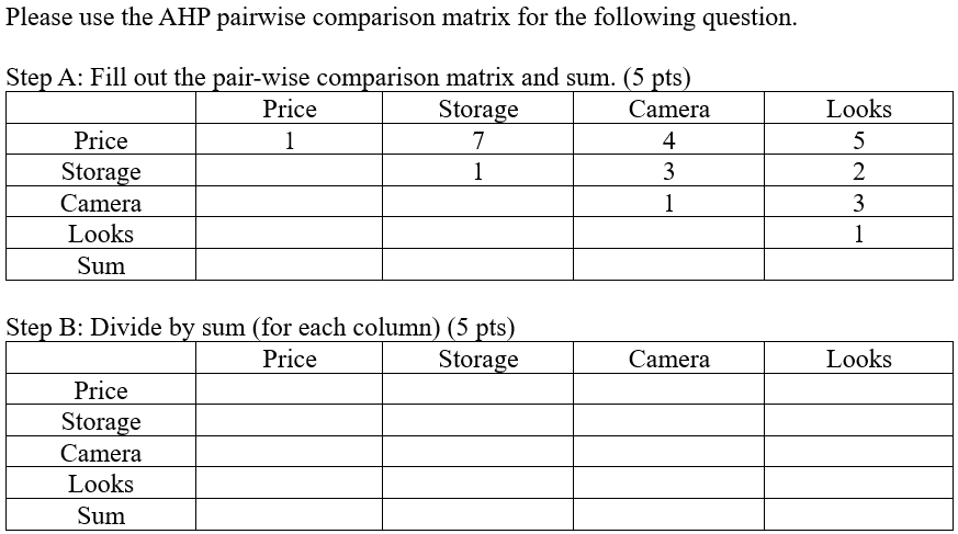 Solved Please Use The Ahp Pairwise Comparison Matrix For The 