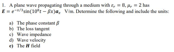 Solved I. E A plane wave propagating through a medium with | Chegg.com
