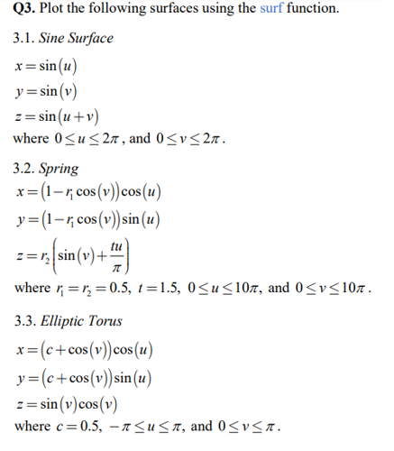Q3. Plot the following surfaces using the surf | Chegg.com