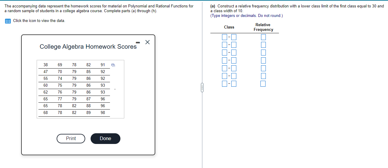 Solved The accompanying data represent the homework scores | Chegg.com